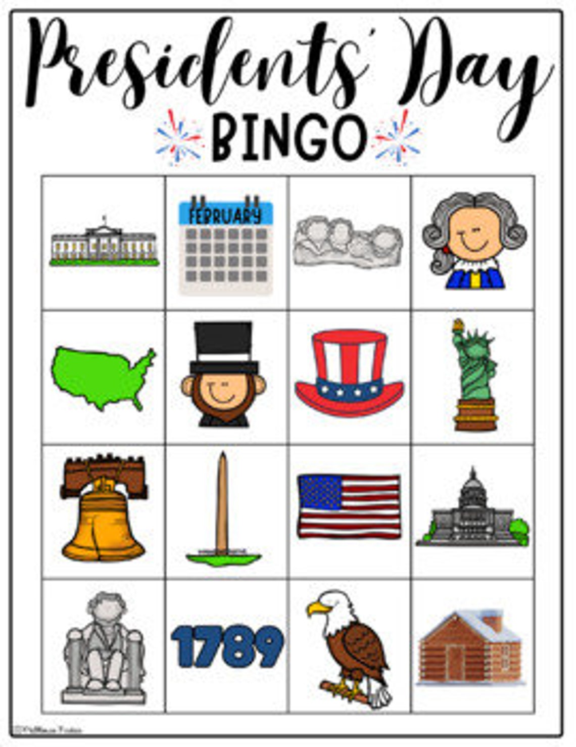 Presidents Day & US Symbols BINGO Game- 25 Boards and Calling Cards ...