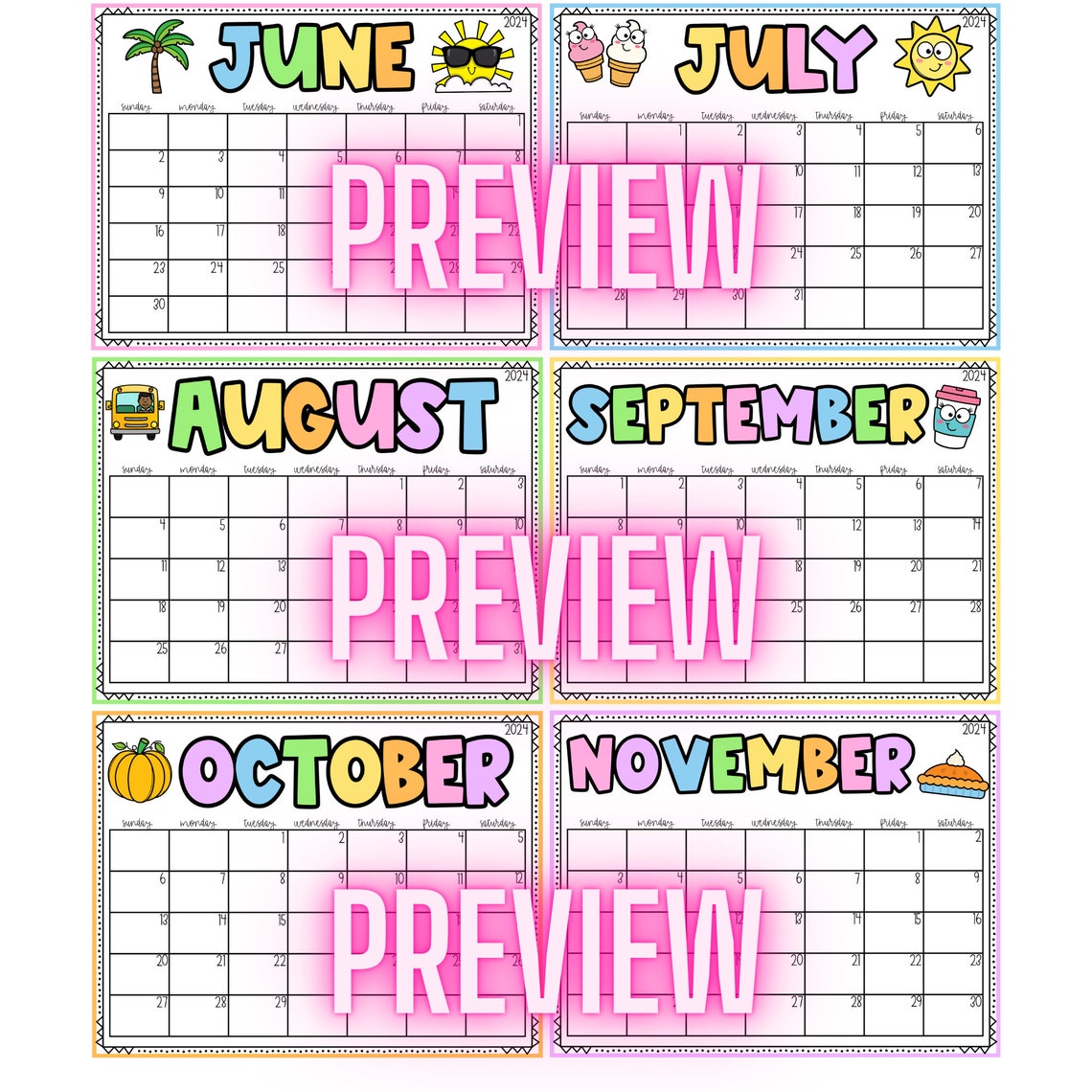 Editable Calendar June 2024-june 2025 Rainbow Themed Monthly School ...