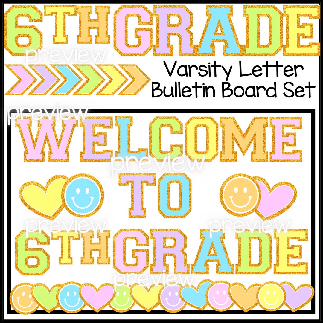 Pastel Varsity Letters Welcome to 6th Grade Bulletin Board-back to ...