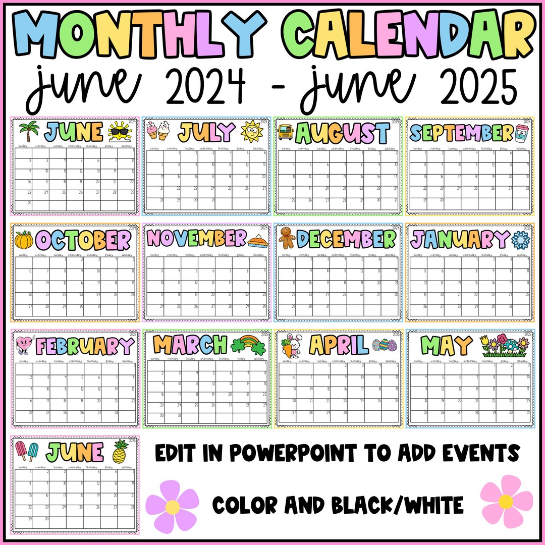 Editable Calendar June 2024-june 2025 Rainbow Themed - Monthly School ...
