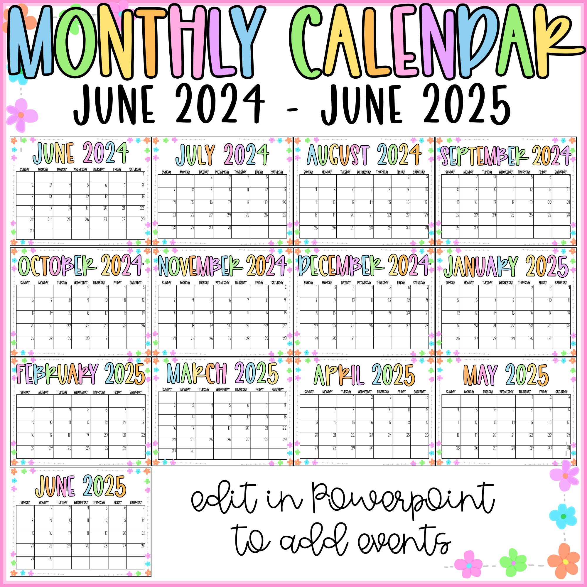 Editable Calendar June 2024-june 2025 Flower Pastels - Monthly School ...
