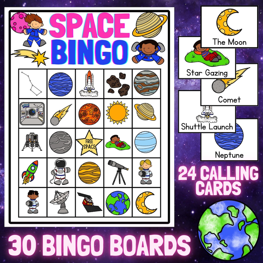 Space BINGO Game - Astronauts, Planets, Outer Space, Rocket Ships ...