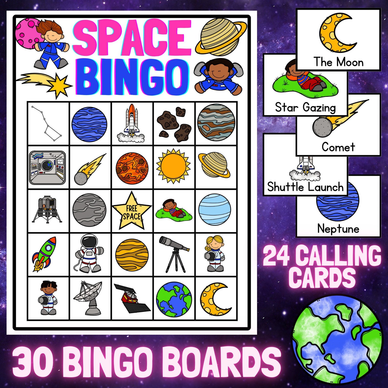 Space BINGO Game - Astronauts, Planets, Outer Space, Rocket Ships ...