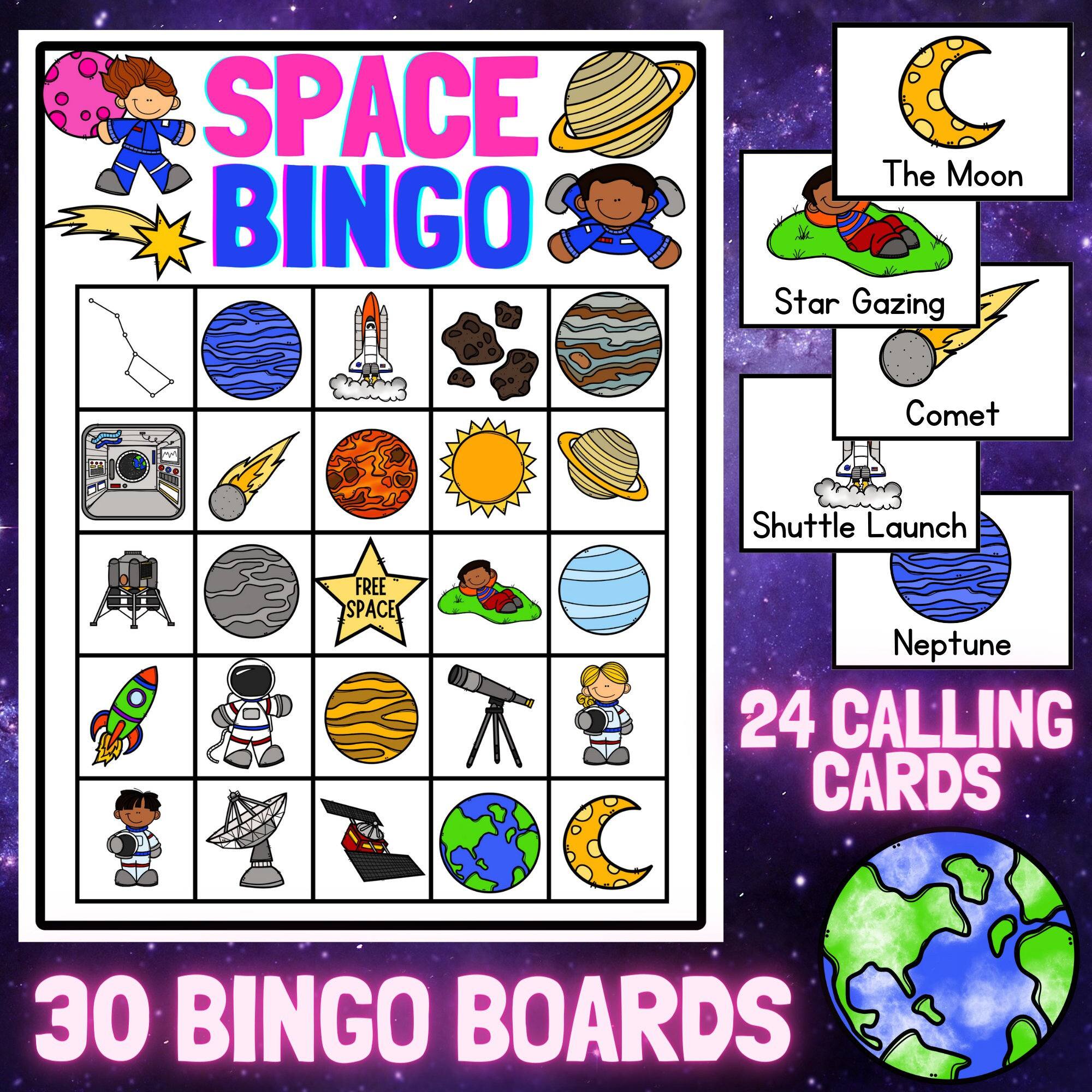 Space BINGO Game - Astronauts, Planets, Outer Space, Rocket Ships ...
