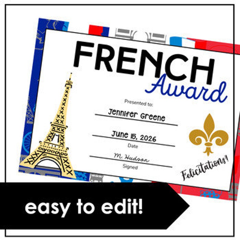 French Award Certificates | EDITABLE Awards | Personalized Reward ...