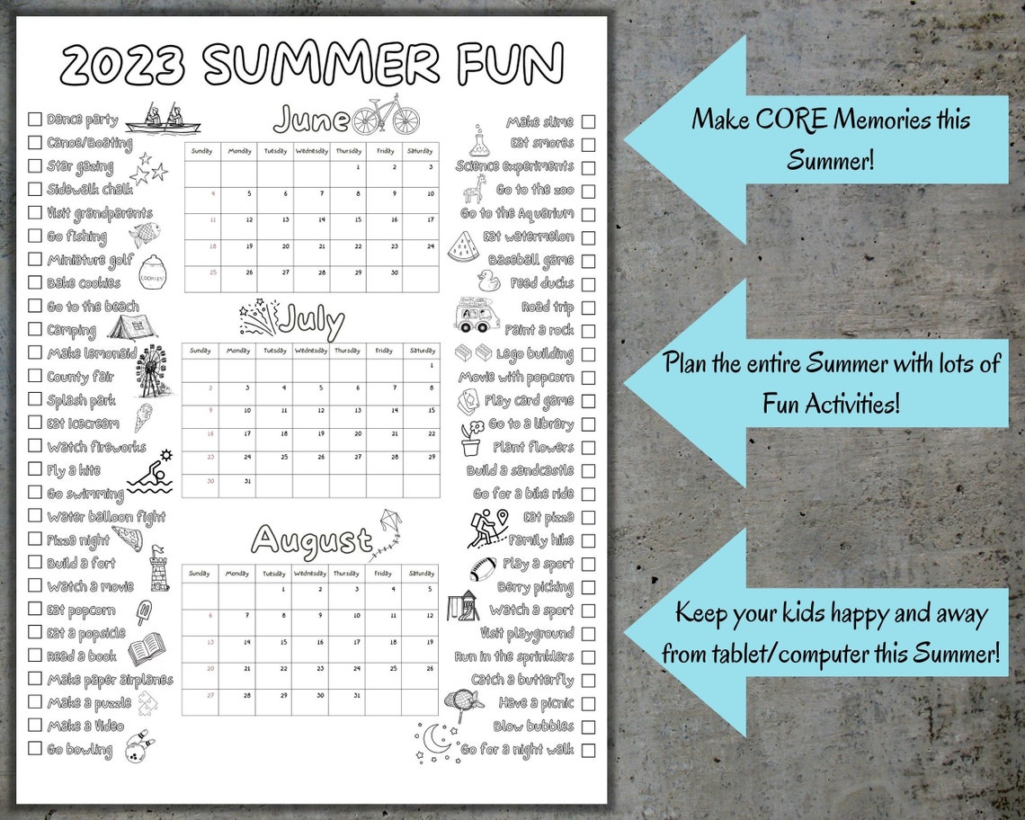 Printable 2023 Summer Fun List, Printable Summer Calendar Poster ...