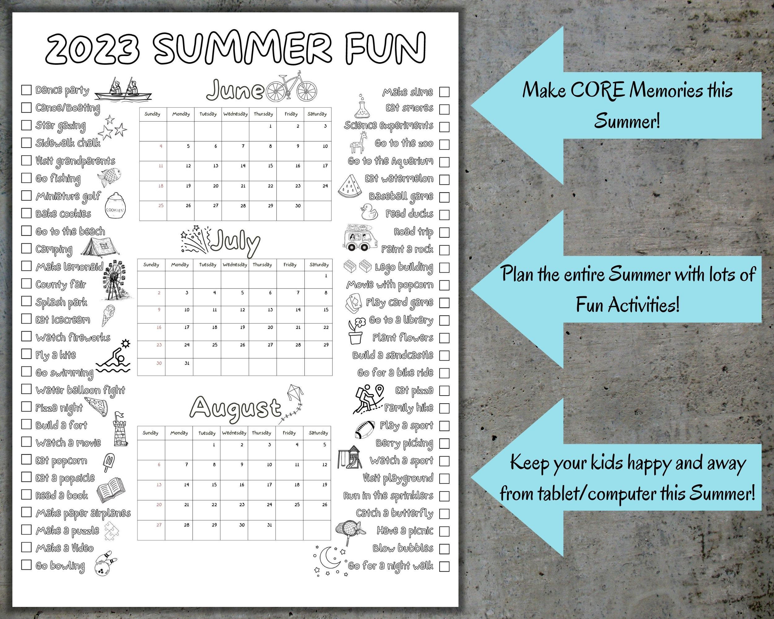 Printable 2023 Summer Fun List, Printable Summer Calendar Poster ...