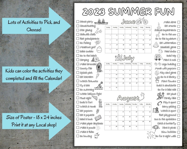 Printable 2023 Summer Fun List, Printable Summer Calendar Poster ...