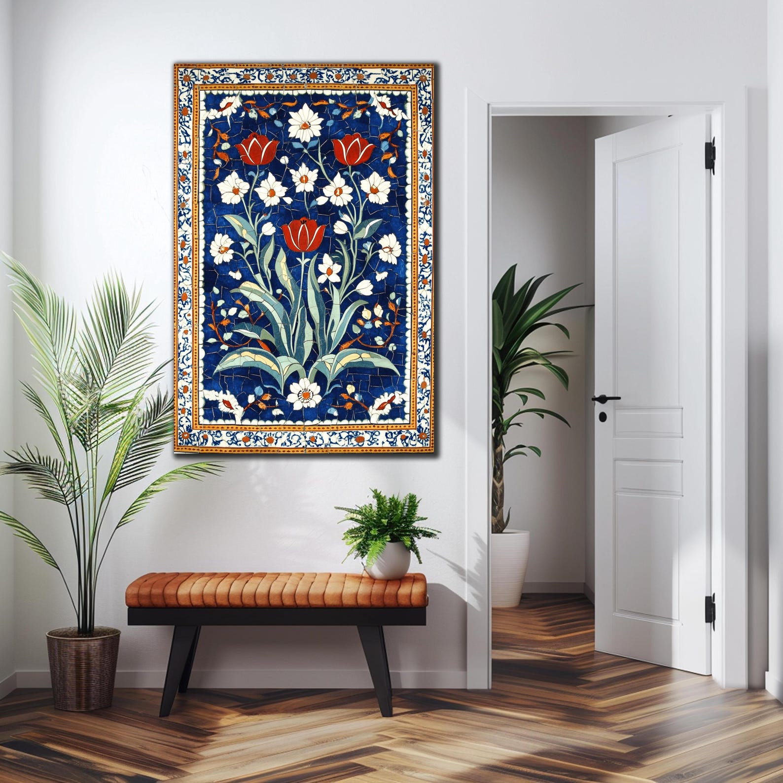 Turkish Pattern Tempered Glass Art | Ethnic Tile Glass Art | Red Tulips ...