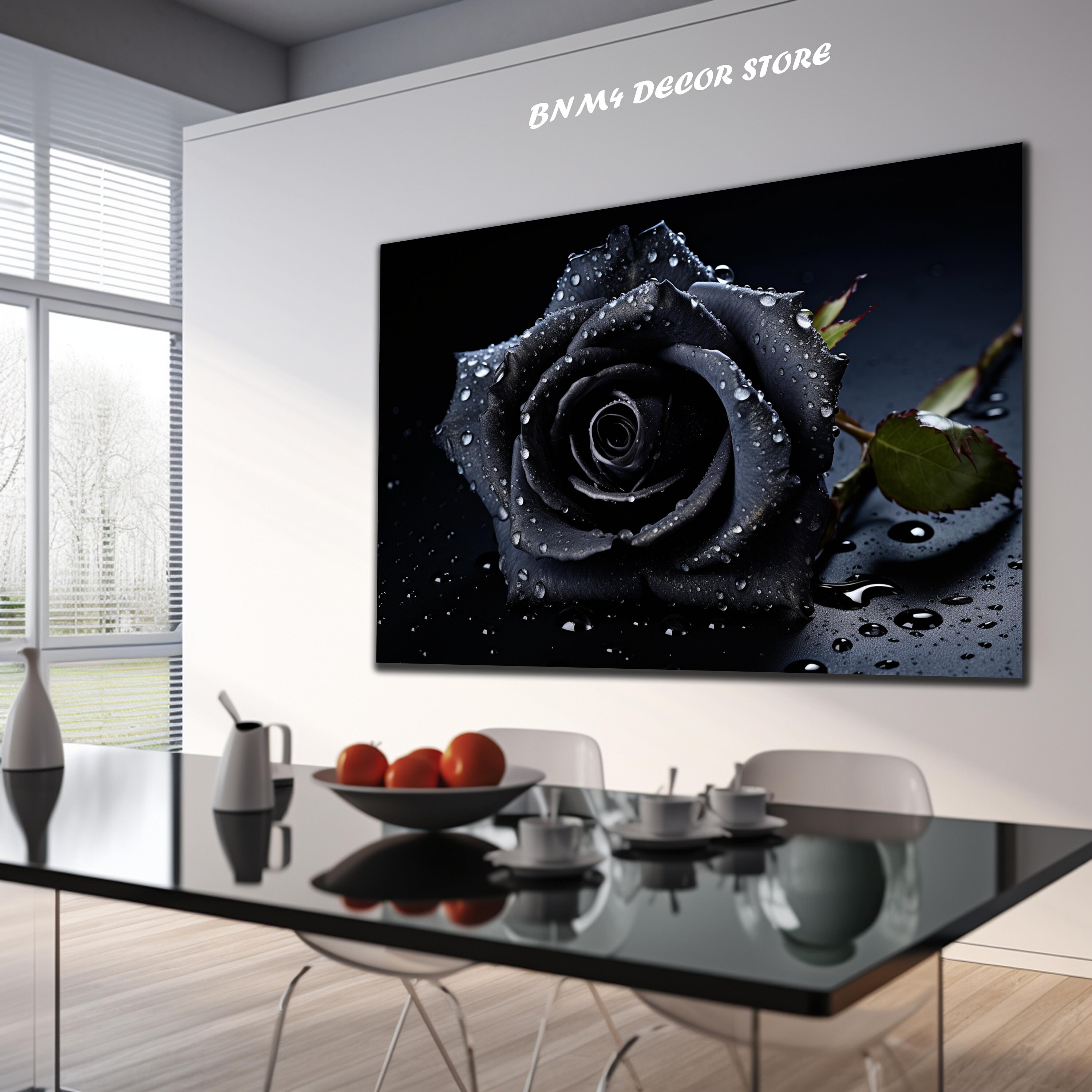 Black Rose Tempered Glass Art Black Rose Paint Wall Hangings Raindrops ...