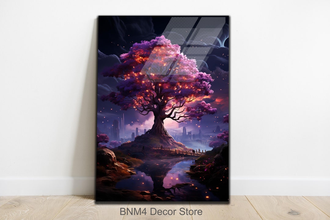 Tempered Glass Pink Tree Wall Art | Life of Tree Wall Art | Pink Tree ...