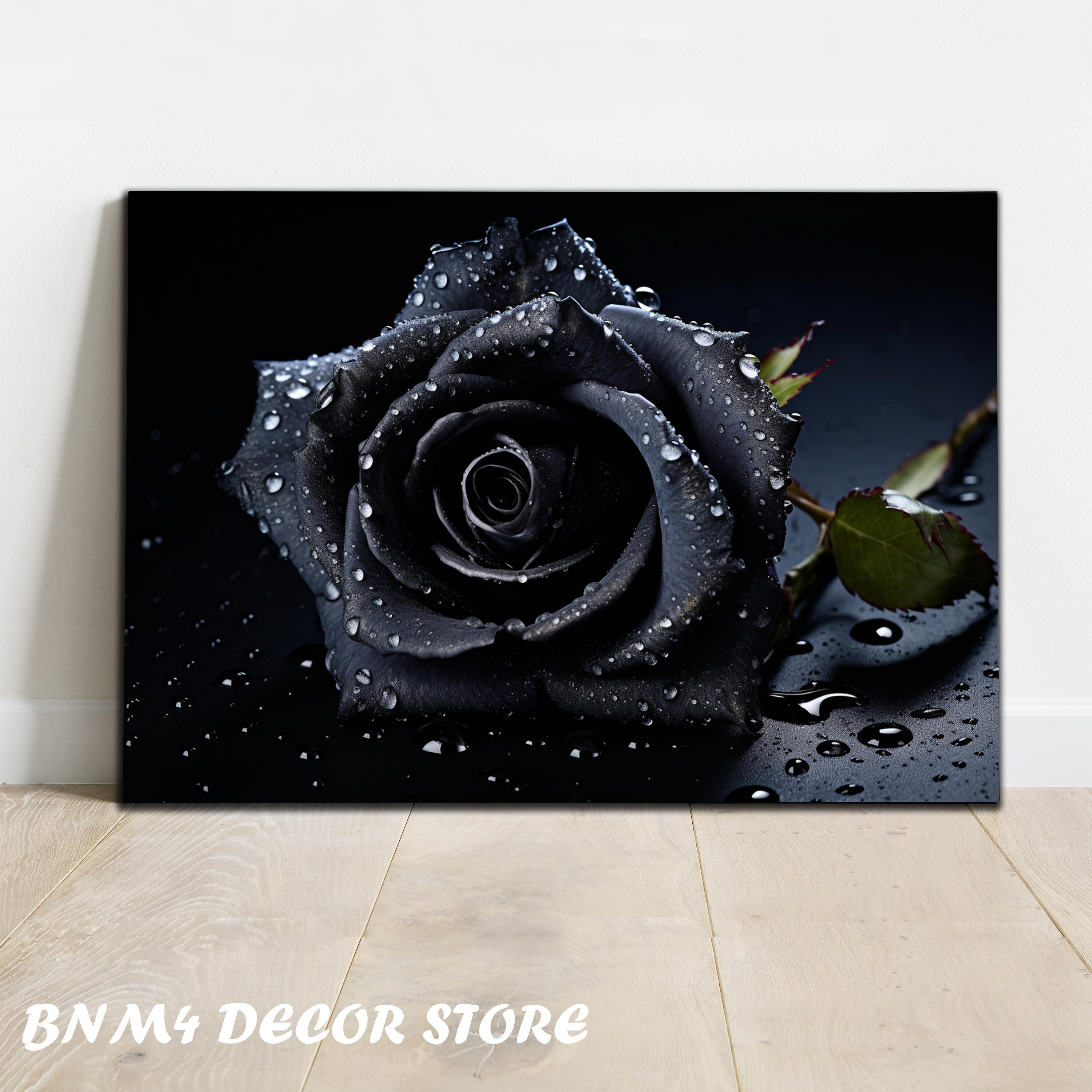 Black Rose Tempered Glass Art Black Rose Paint Wall Hangings Raindrops ...