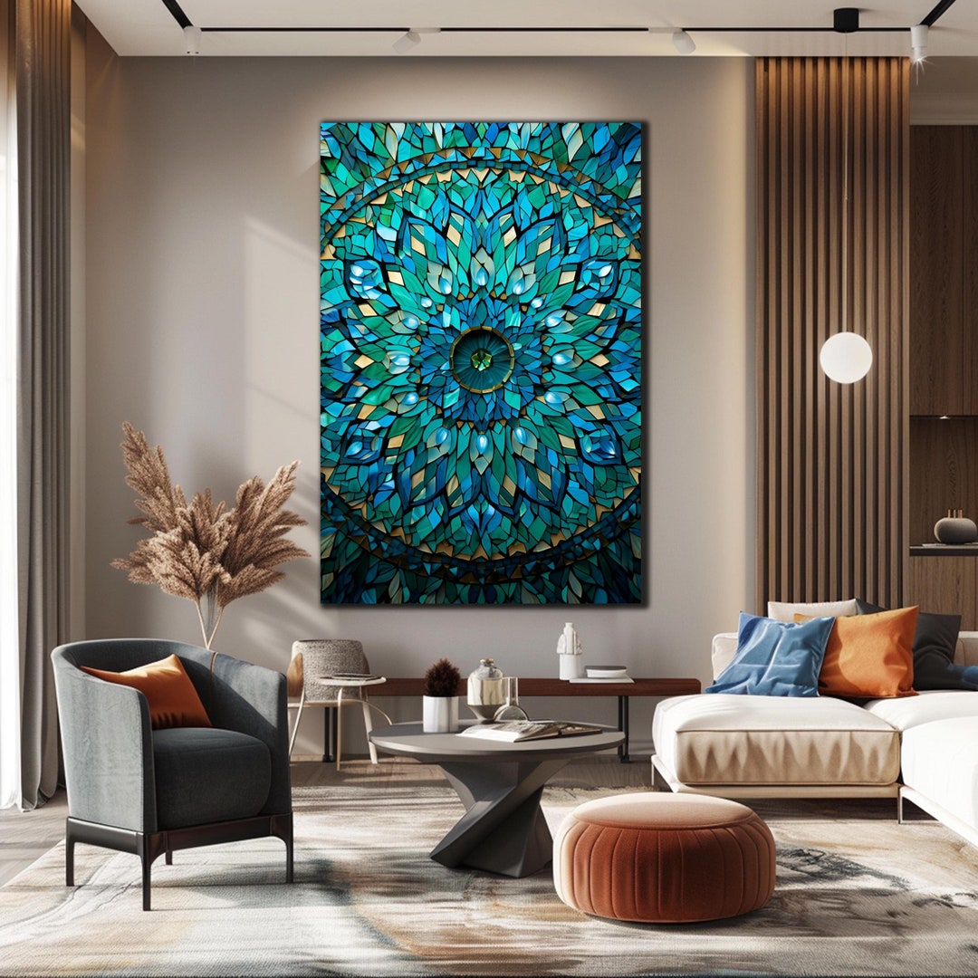 Turquoise Tempered Glass Decor | Mandala Pattern Print | Mosaic Pattern ...