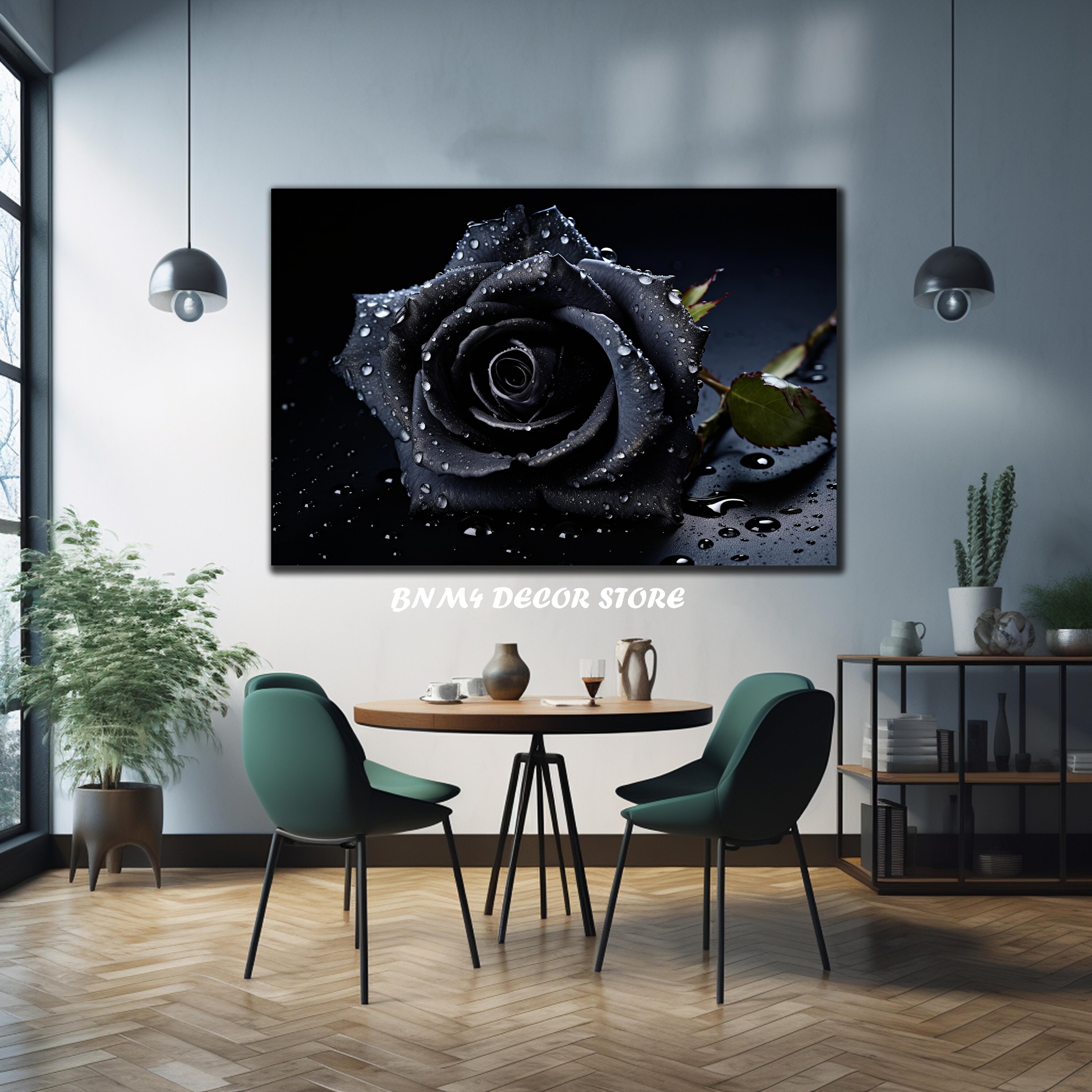 Black Rose Tempered Glass Art Black Rose Paint Wall Hangings Raindrops ...
