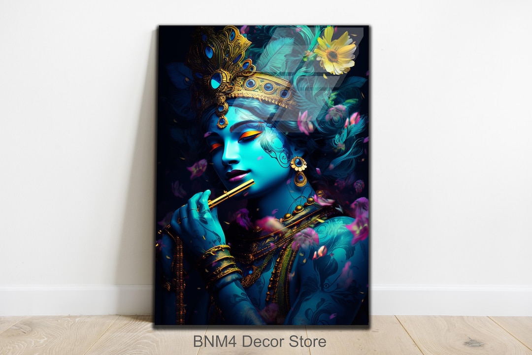 Krishna Tempered Glass Wall Art | Indian God Decor | Krishna and Flute ...