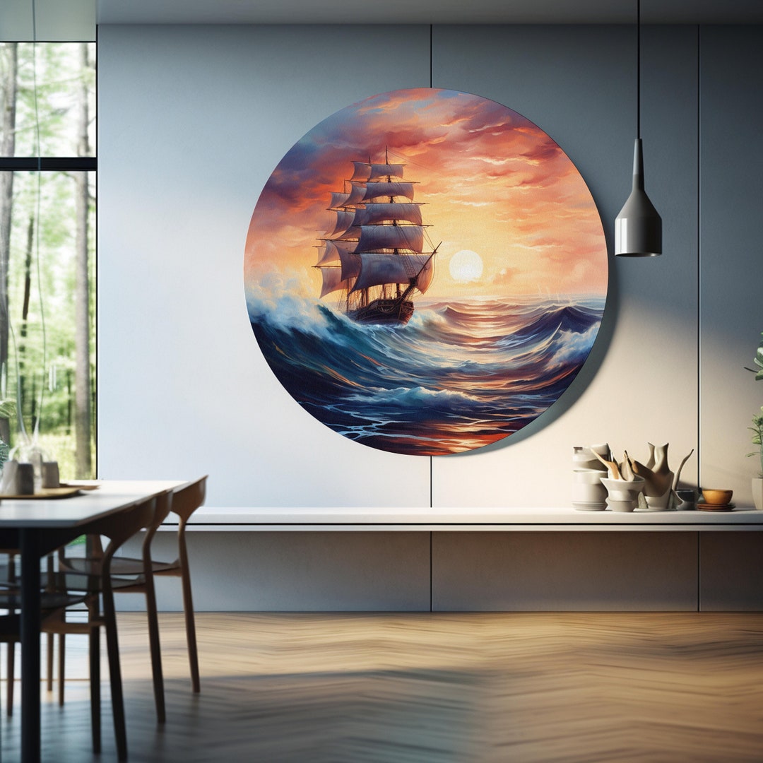 Ship Tempered Glass Wall Art | Wavy Sea Round Glass | Sunset Circle ...