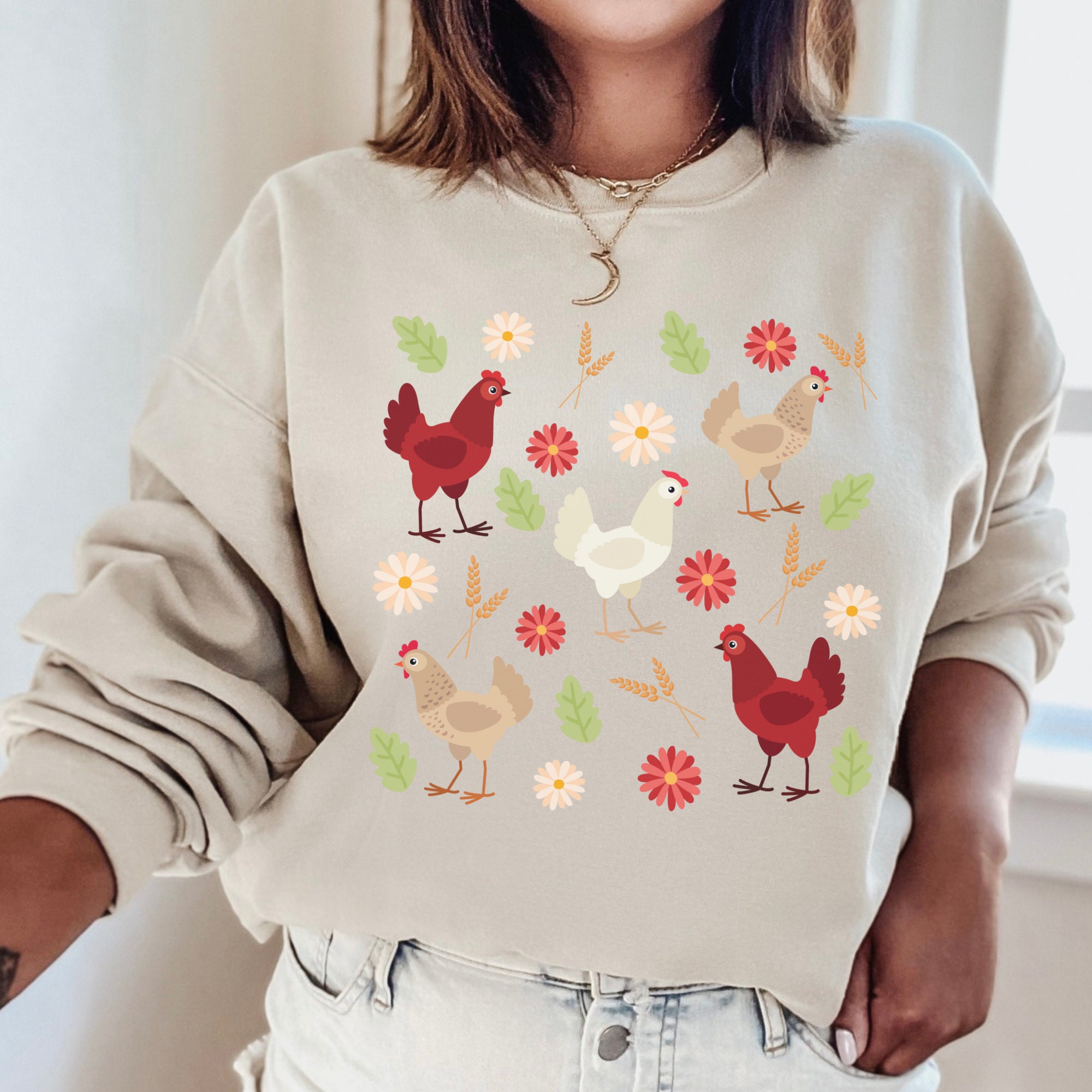 Kawaii Chickens Cottage Crewneck Sweatshirt, Floral Chicken Shirt ...