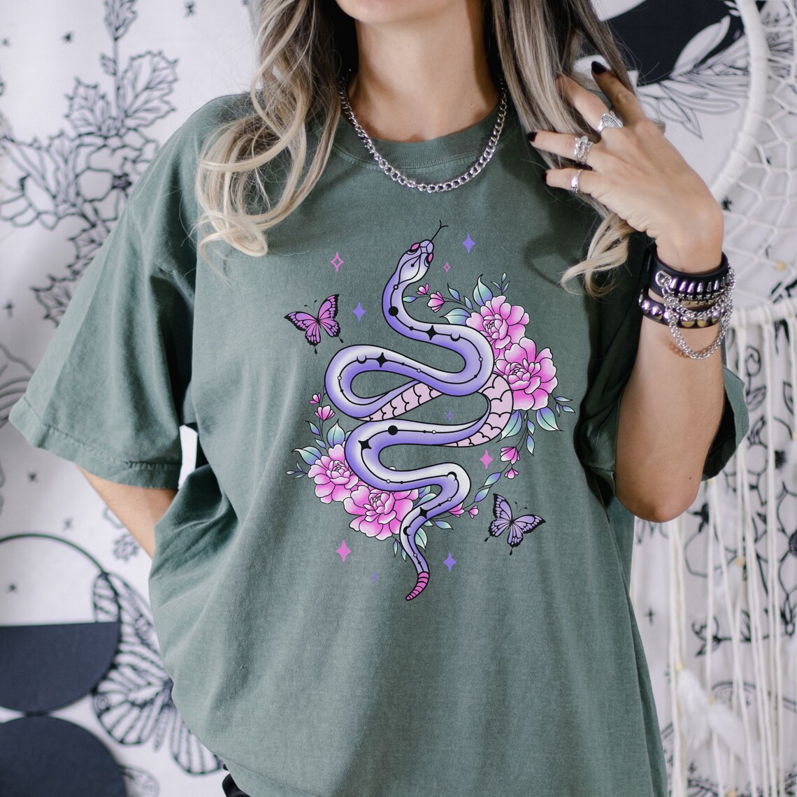 Whimsigoth Floral Snake Shirt, Cute Pastel Goth Shirt, Witchy Celestial ...
