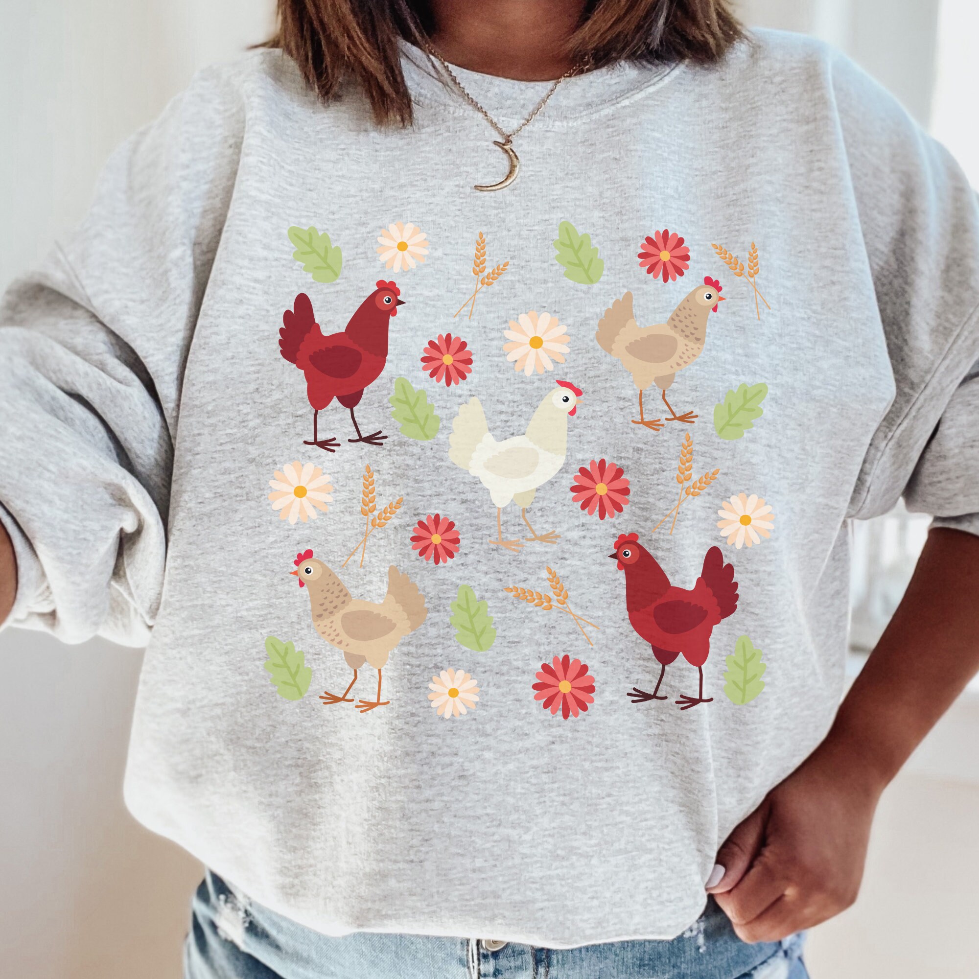 Kawaii Chickens Cottage Crewneck Sweatshirt, Floral Chicken Shirt ...