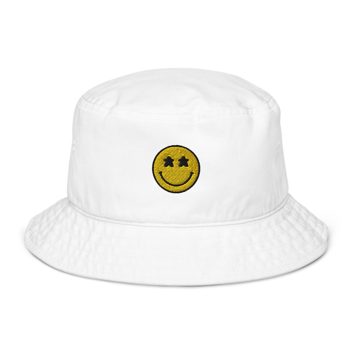 Embroidered Organic Bucket Hat - Yellow Meeple Smiley Face Unisex Board ...