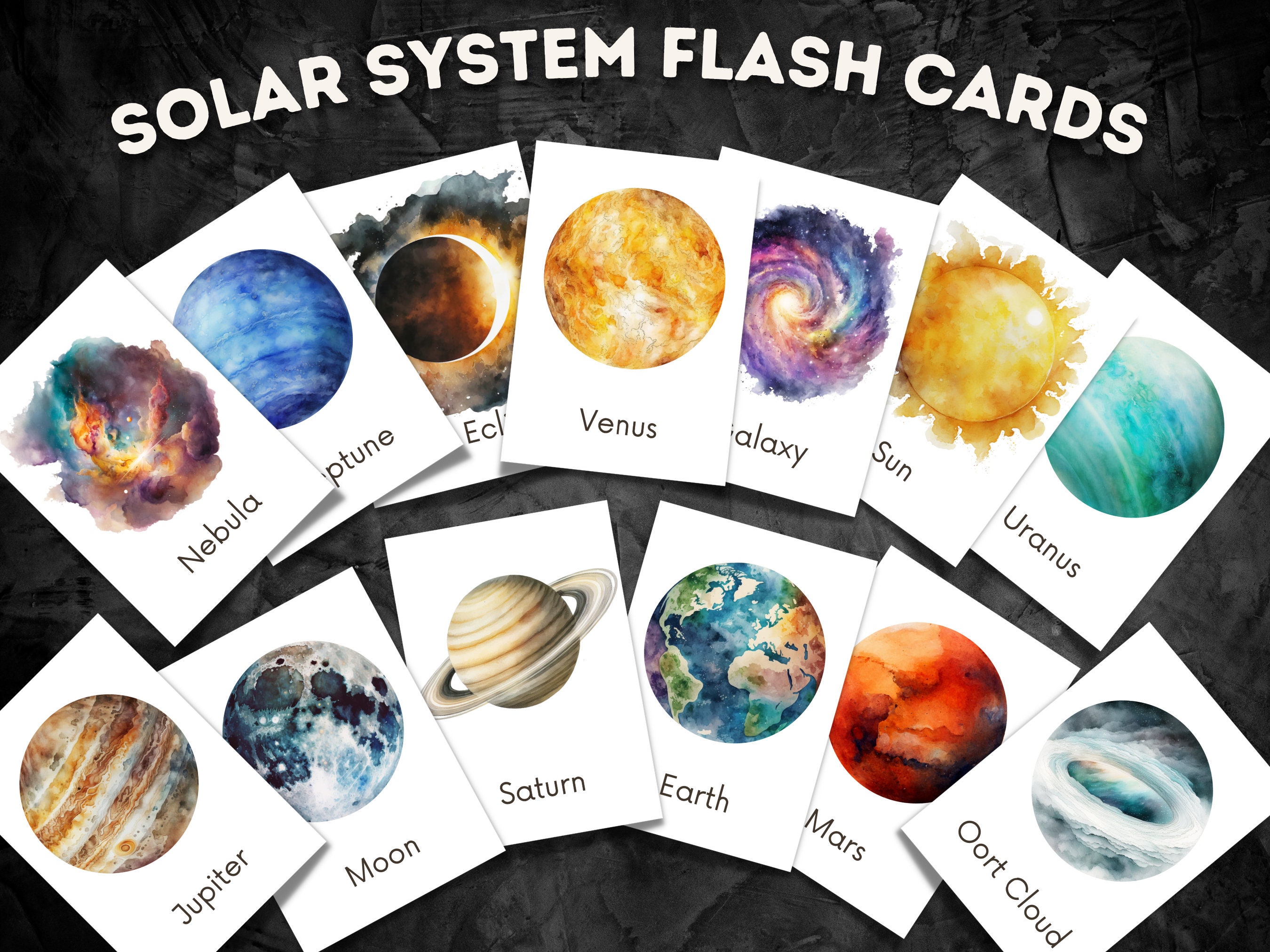 Set of 16 Solar System Flash Cards, Galaxy Educational Cards for Kids ...