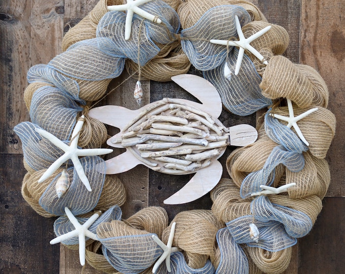 Driftwood Turtle With Light Blue and Beige Braided Jute Wreath, Beach ...