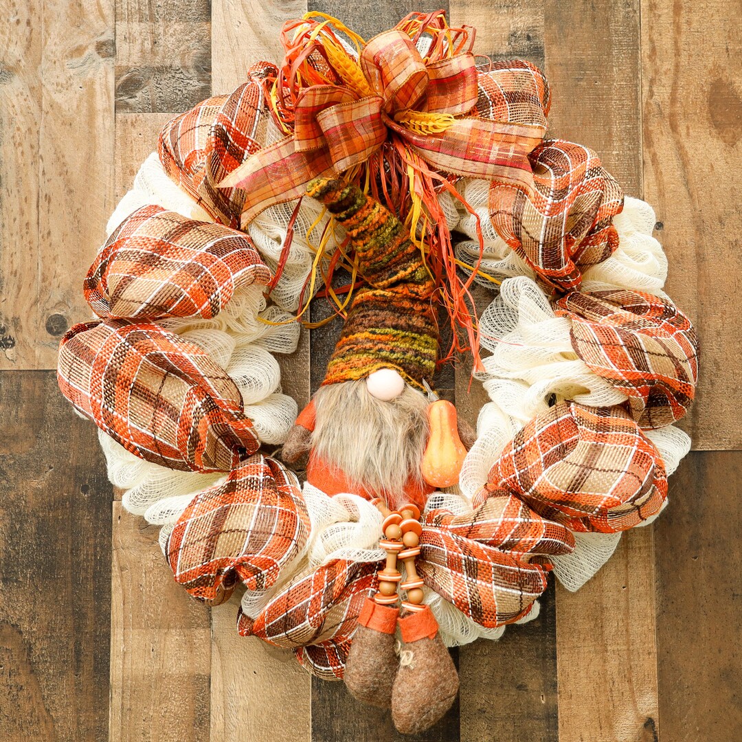 Fall Front Door Wreath With Shelf Sitter Gnome, Autumn Colors With ...