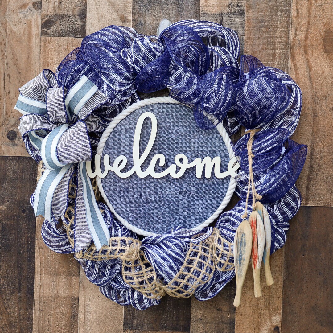 Beach Home White, Navy Blue "welcome" Front Door Wreath With Cotton ...