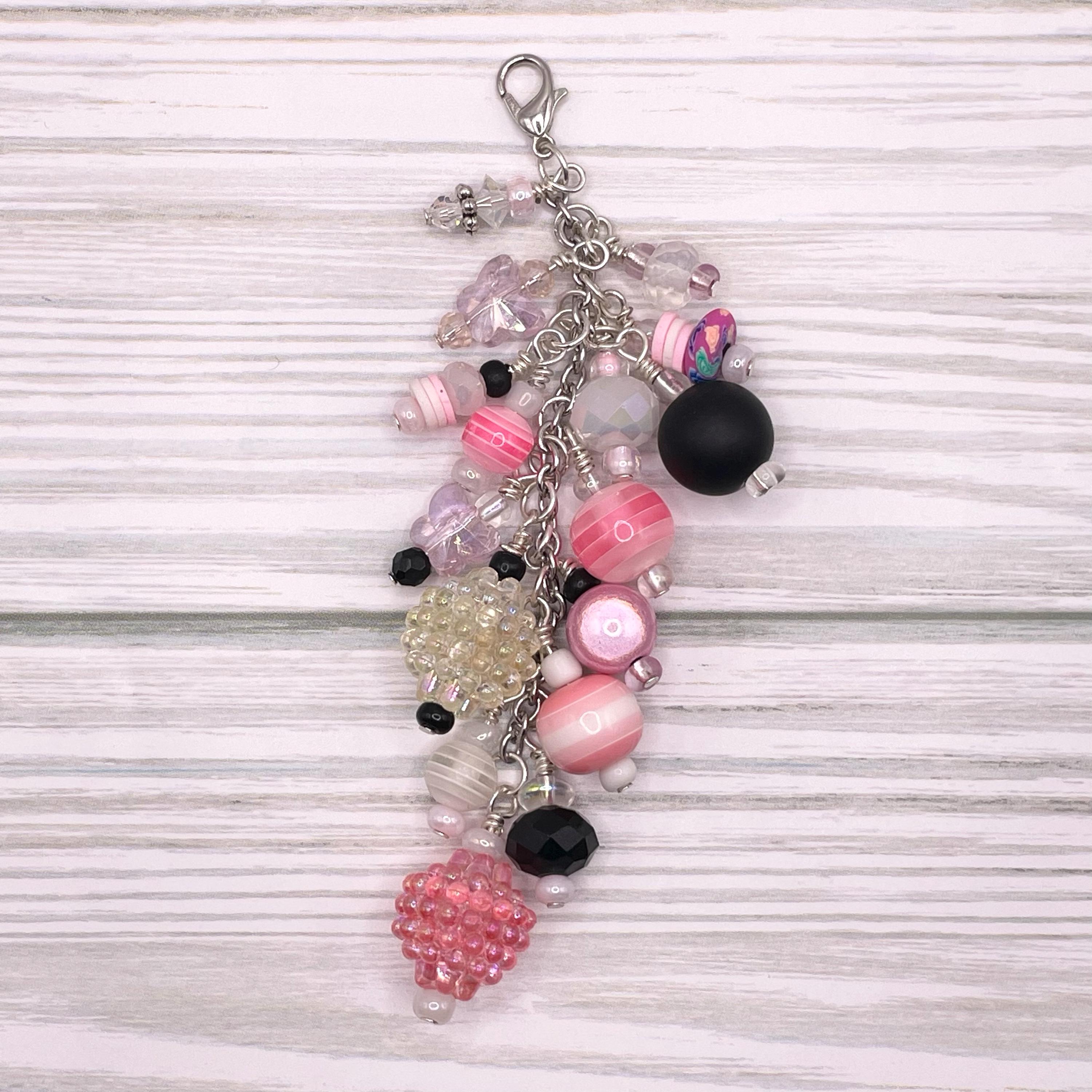 Pink Beaded Charm Dangle: Handmade Wire Wrapped Purse/journal Accessory ...