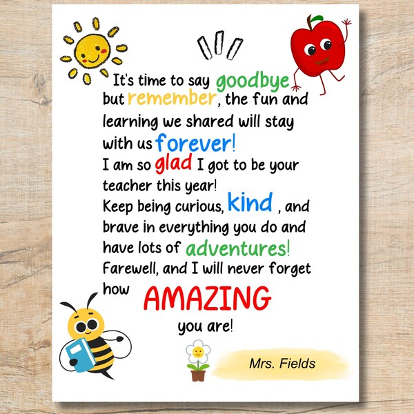 End of School Year Poem Gift From Teacher to Student, End of Year Gift ...