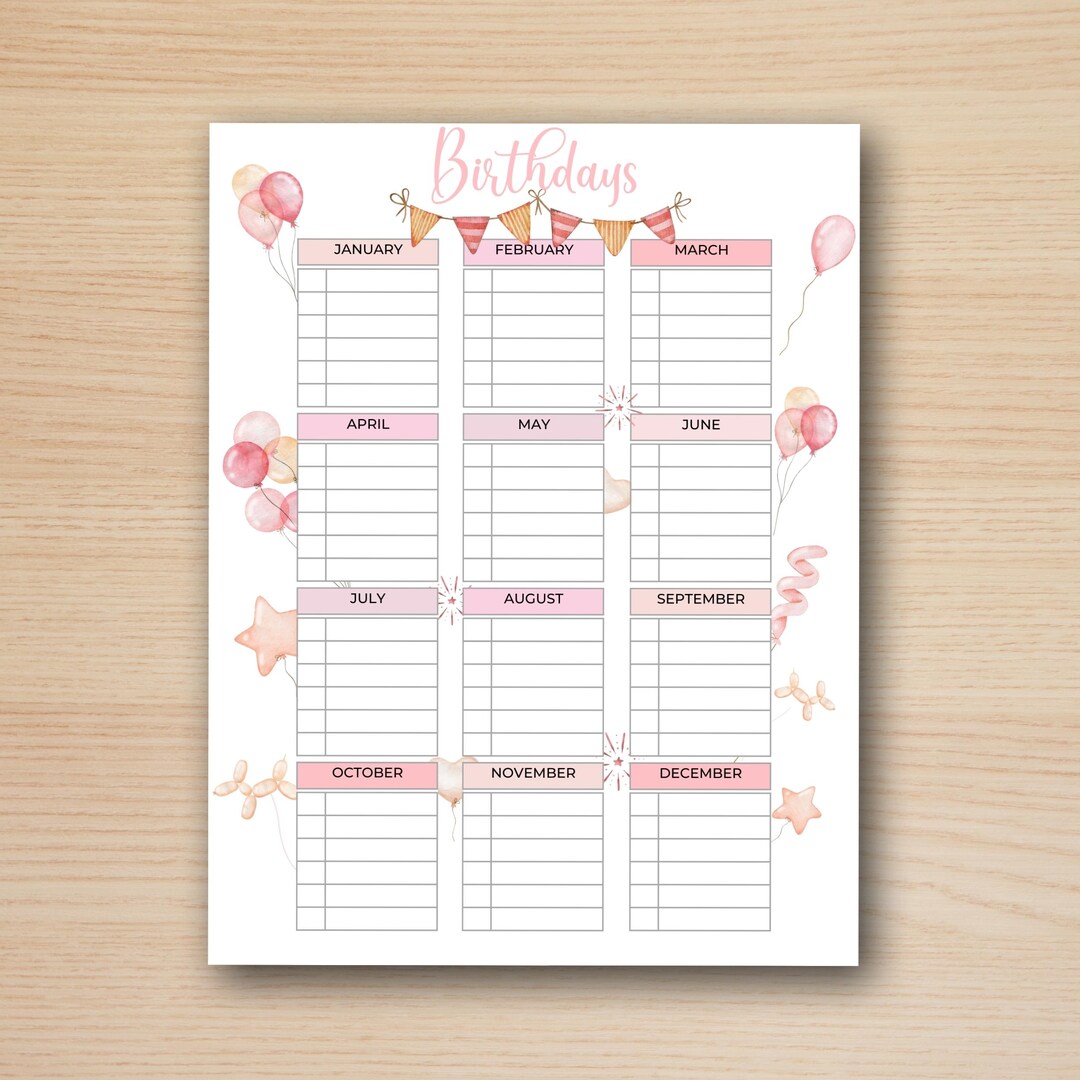 Printable Birthday Calendar: Editable Birthday Tracker and Organizer ...