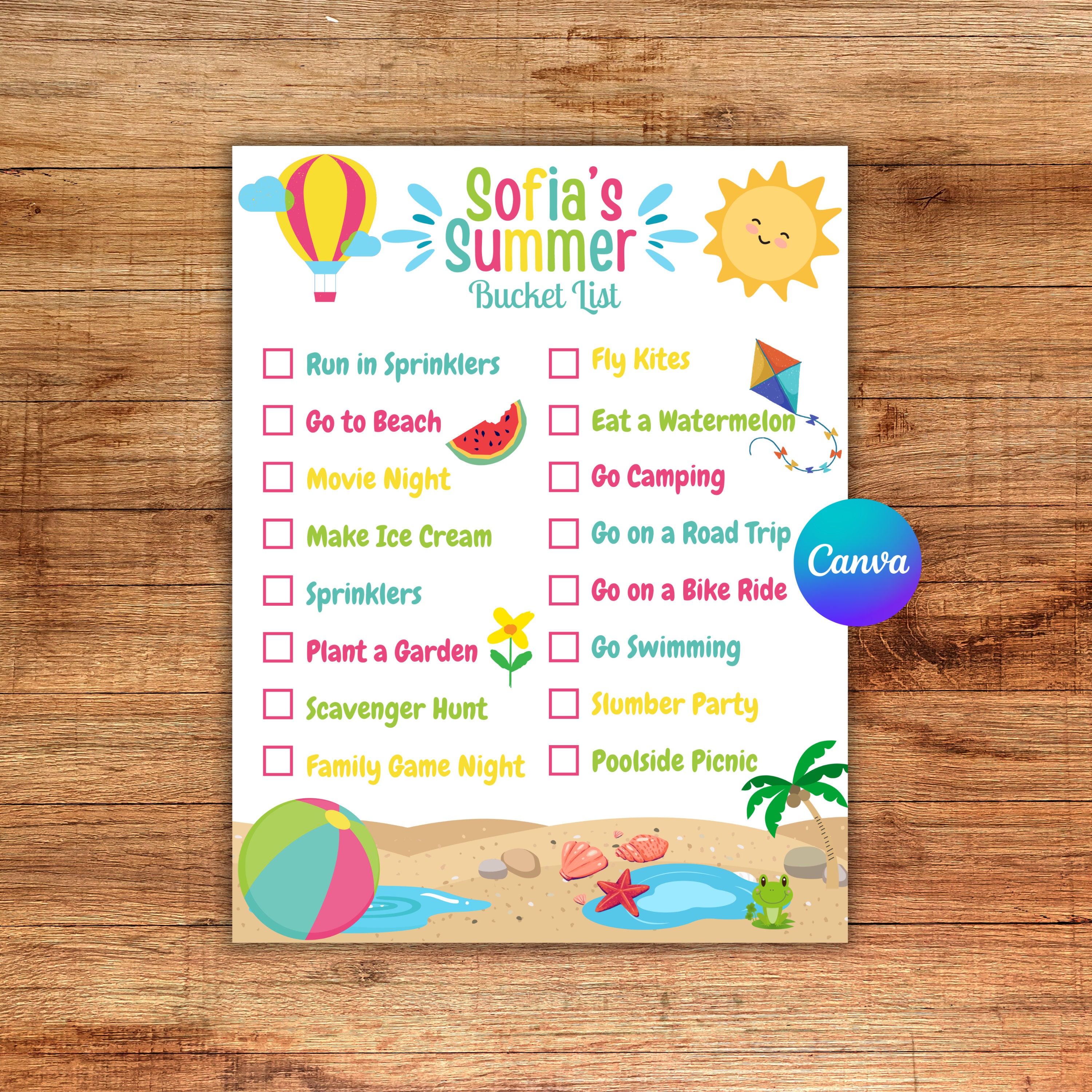 Editable Summer Bucket List Printable, Personalized Summer Activity ...