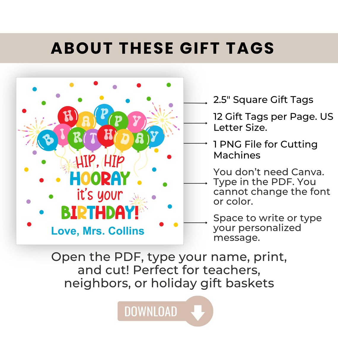 Hip Hip Hooray Happy Birthday Gift Tags, Student Favors Printable ...
