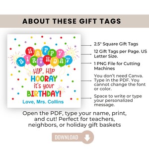 Hip Hip Hooray Happy Birthday Gift Tags, Student Favors Printable ...