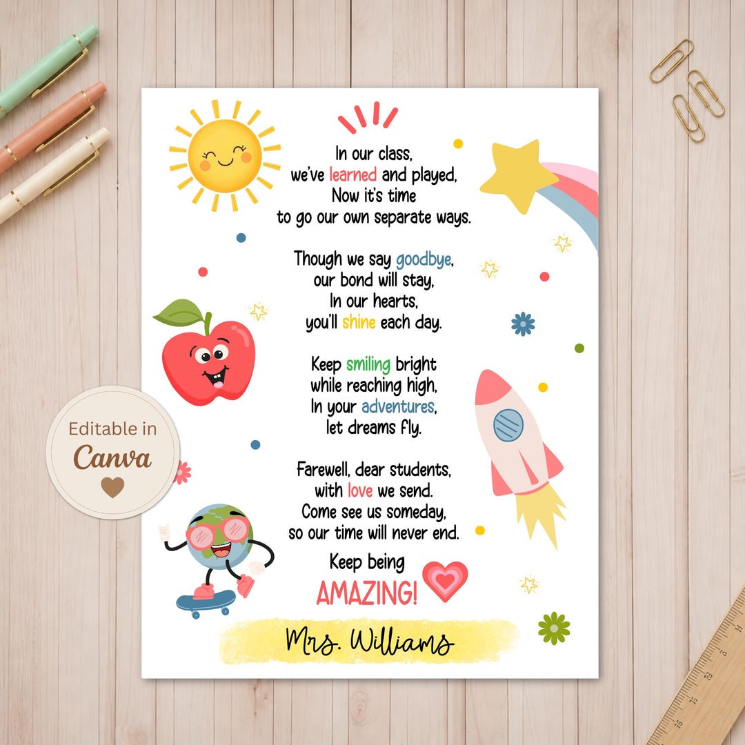 End of Year Poem: Teacher to Student Goodbye Letter for Last Day of ...