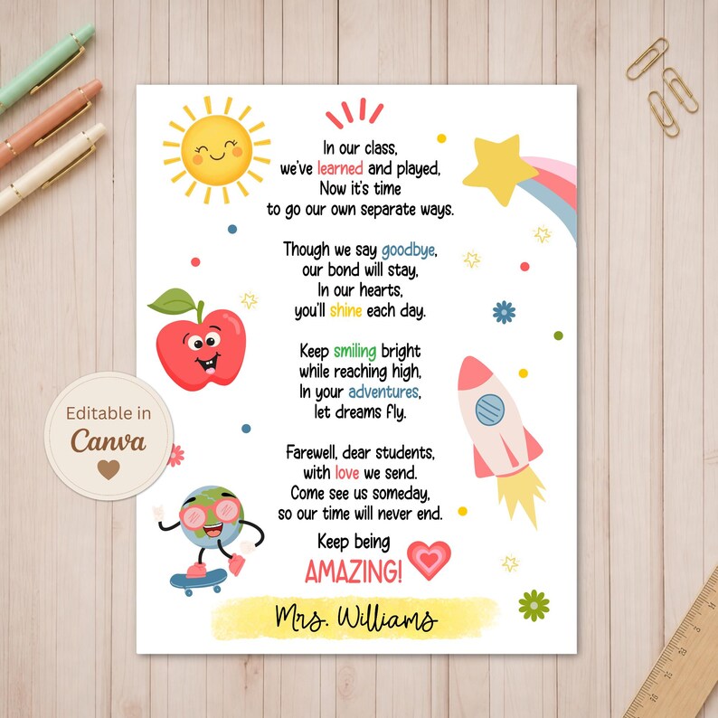 End of Year Poem: Teacher to Student Goodbye Letter for Last Day of ...