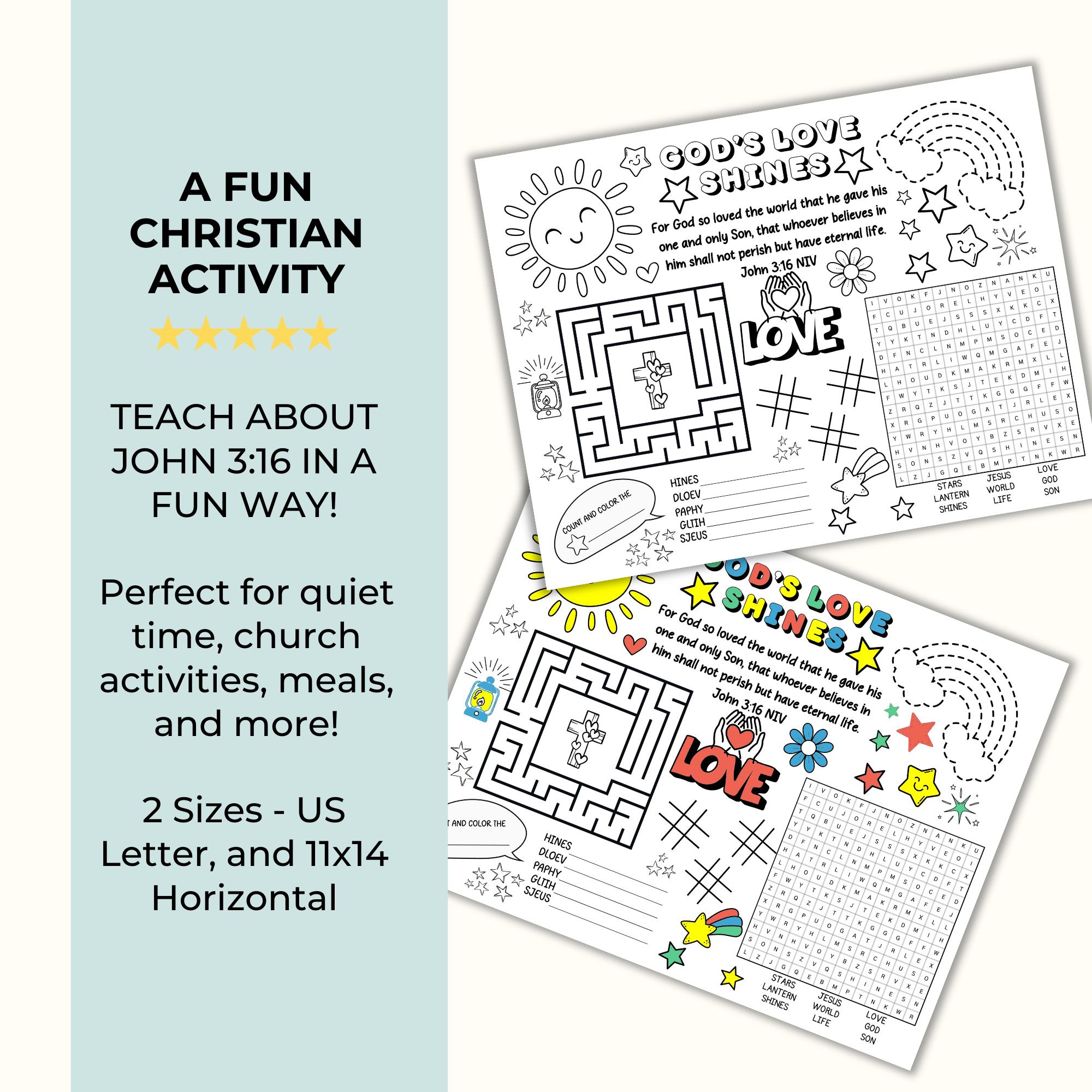 John 3:16 Coloring Placemat, Bible Verse Activity for Sunday School or ...