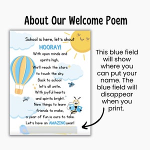 Fillable First Day of School Poem, Welcome Letter for Students, Teacher ...