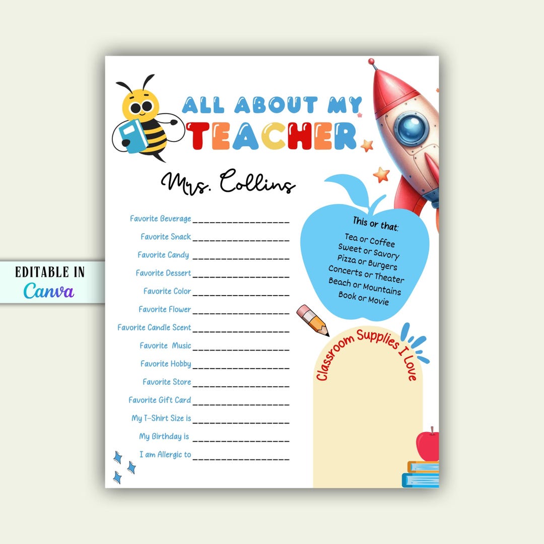 All About My Teacher Template, Editable Teacher Favorite Things List ...