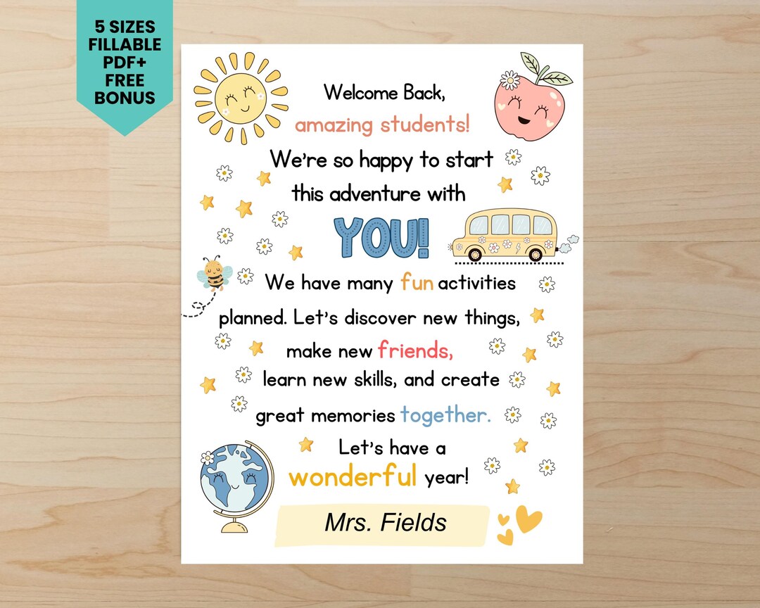 First Day of School Welcome Letter From Teacher: Fillable PDF - Etsy