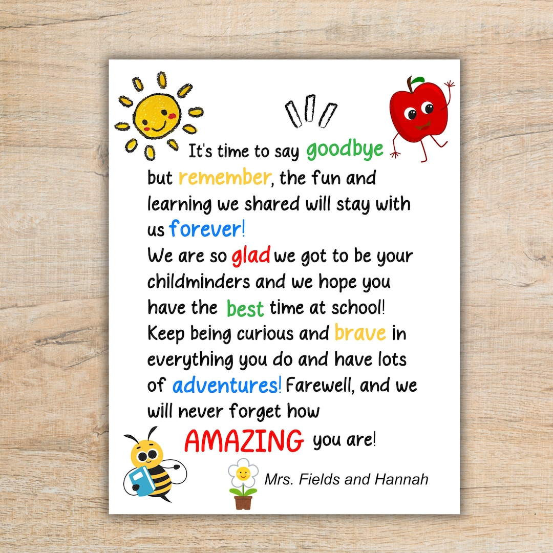 Childminder End of School Year Letter Printable, Goodbye Letter to ...