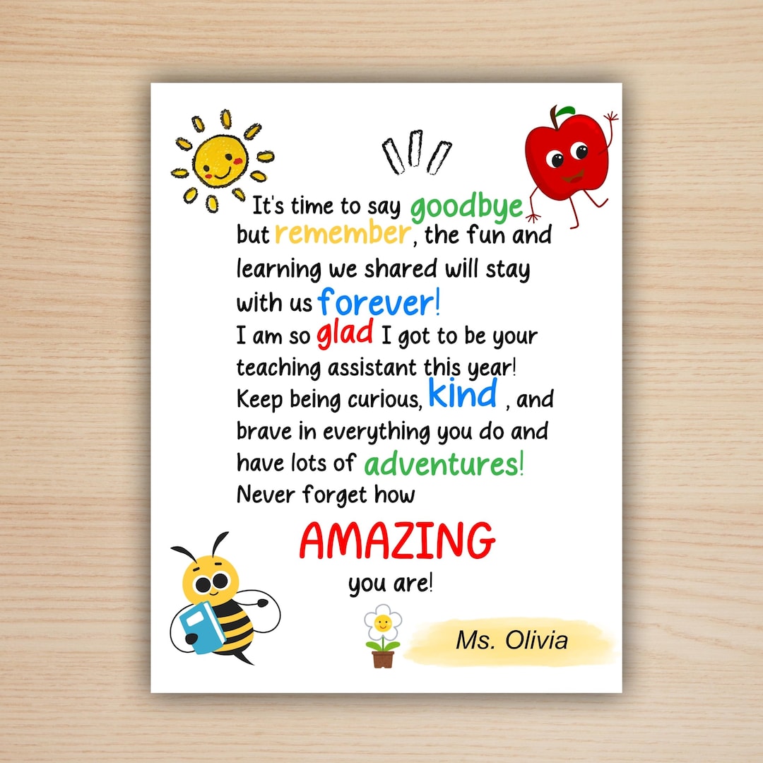 Teacher Assistant Goodbye Letter: End of School Year Gift Fillable PDF ...