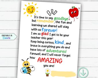 Editable End of School Year Card , Goodbye Card to Student, Elementary ...