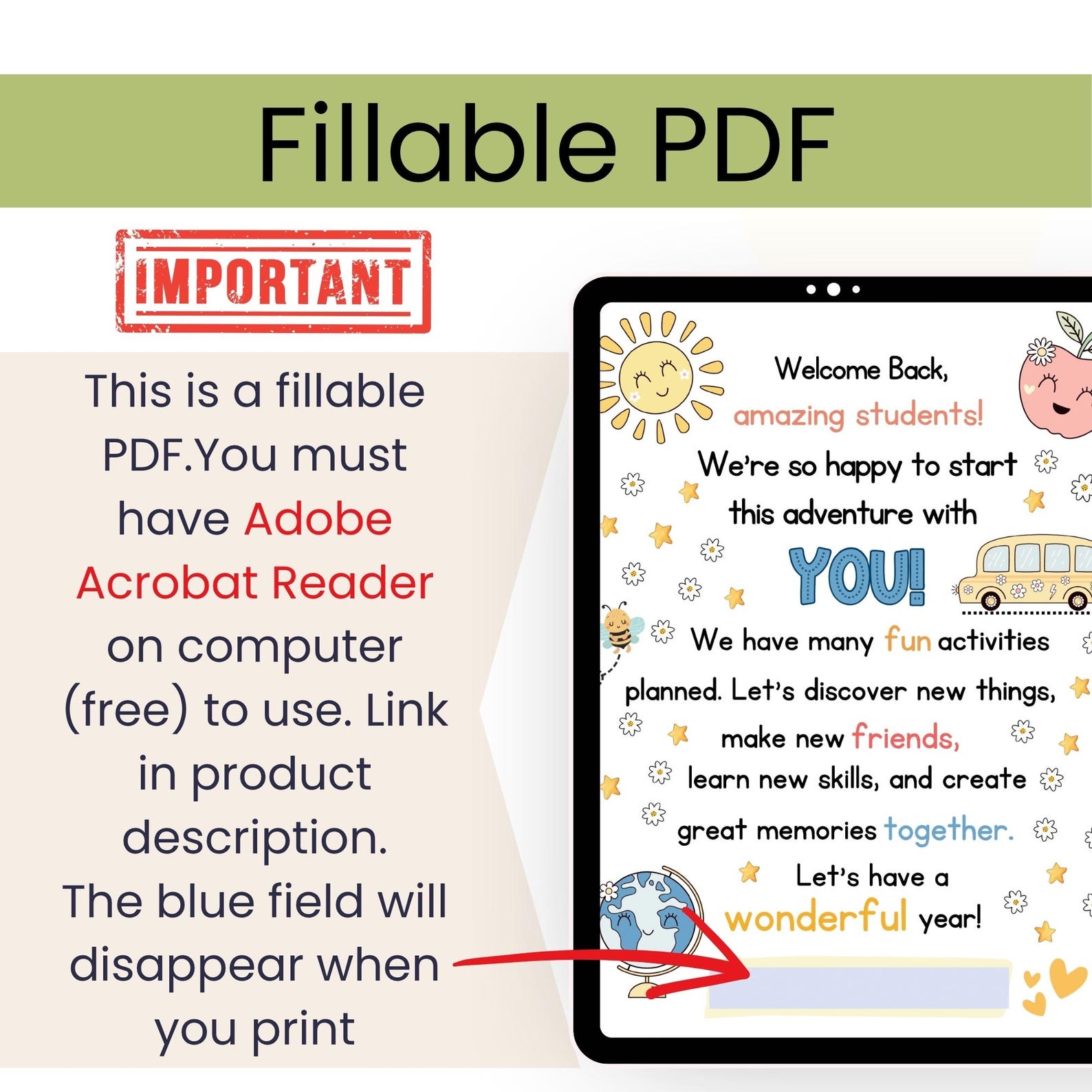 First Day of School Welcome Letter From Teacher: Fillable PDF - Etsy