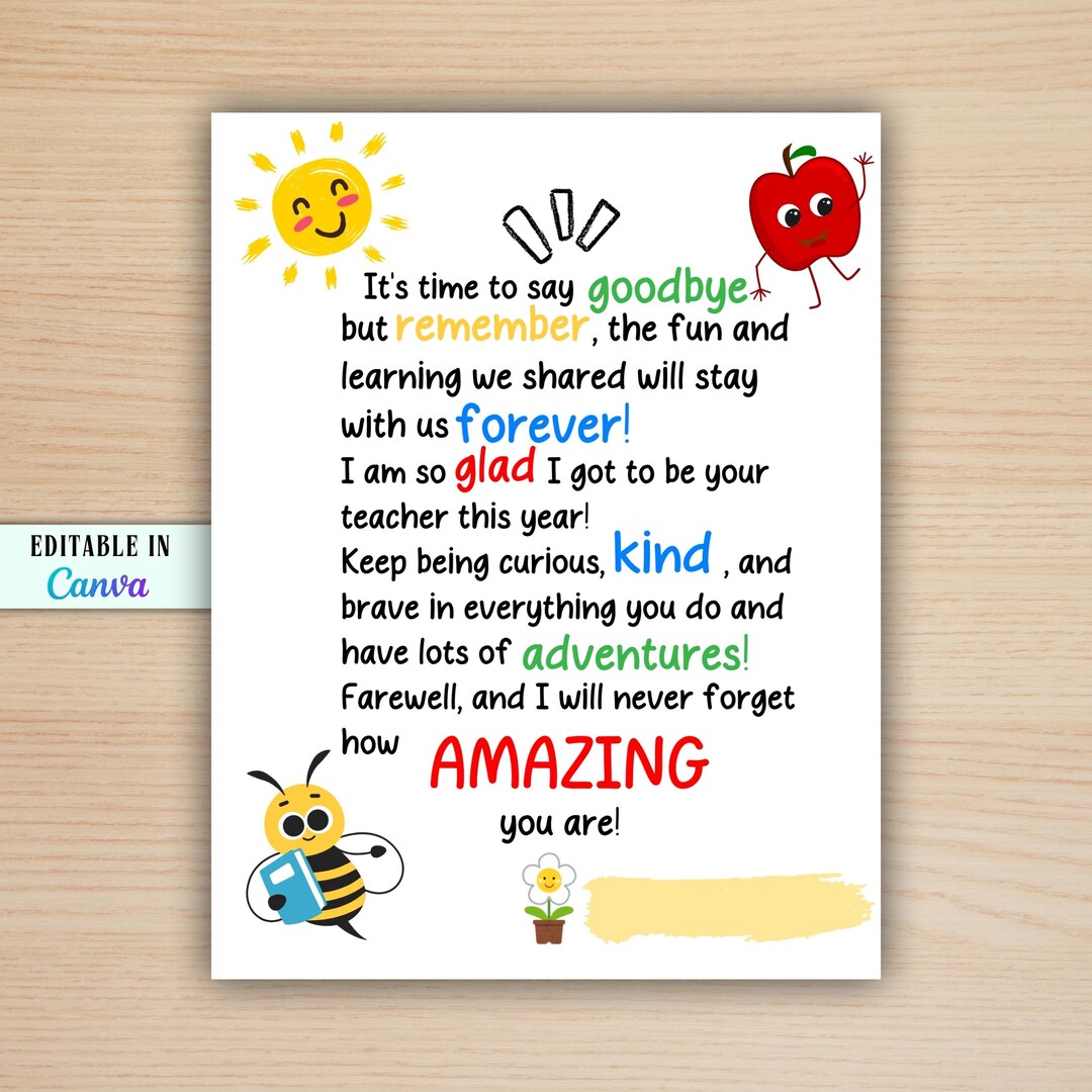 Editable End of School Year Letter Printable, Goodbye Letter to Student ...