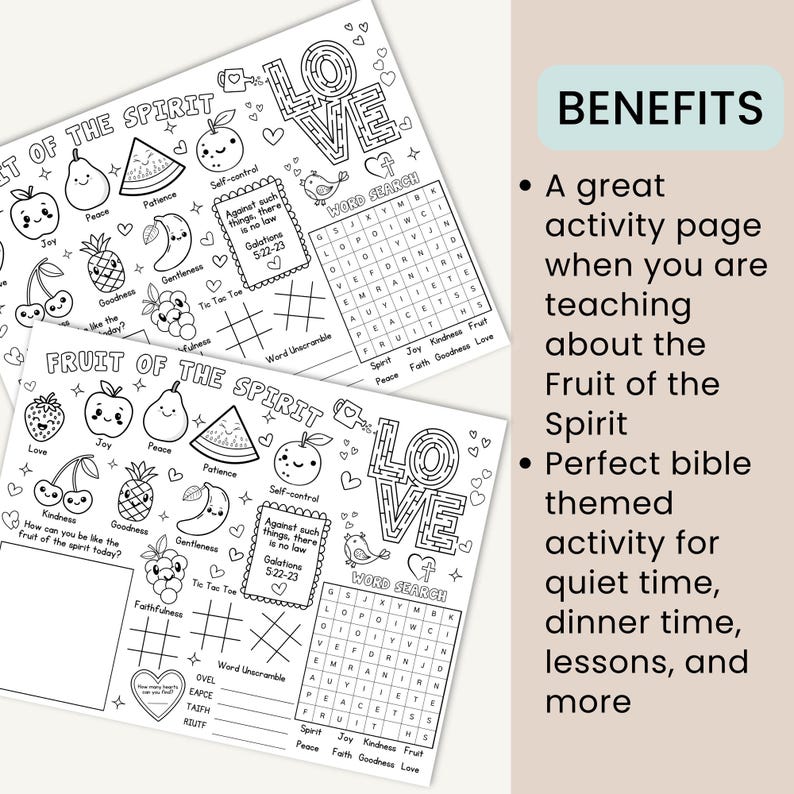 Fruit of the Spirit Activity Placemat, Galatians 5:22 Bible Coloring ...