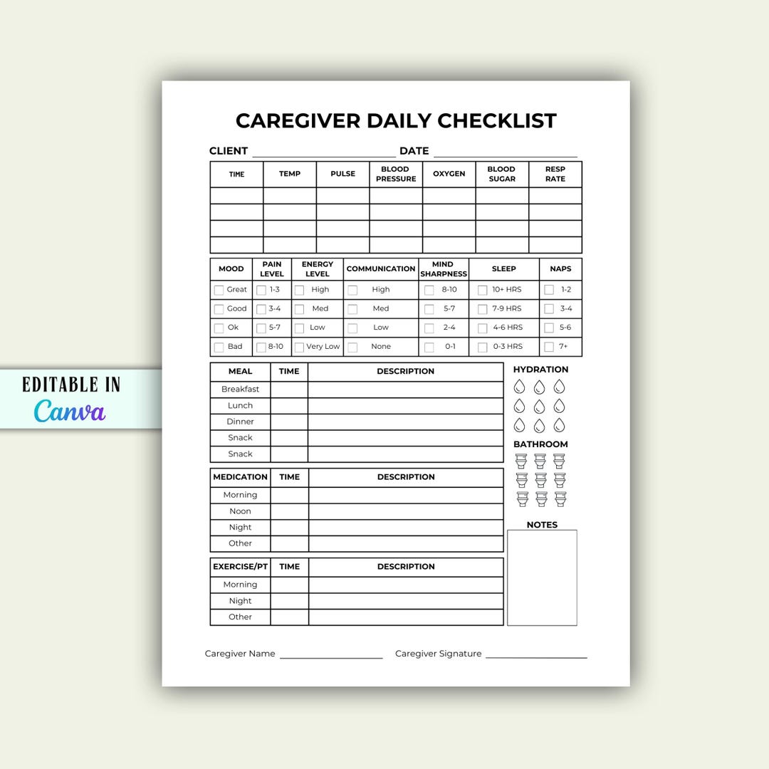 Editable Caregiver Checklist, Caregiver Daily Log, Canva Template ...
