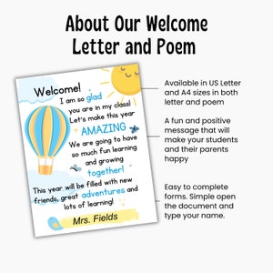 Welcome Letter for Students Bundle, Fillable First Day of School Poem ...