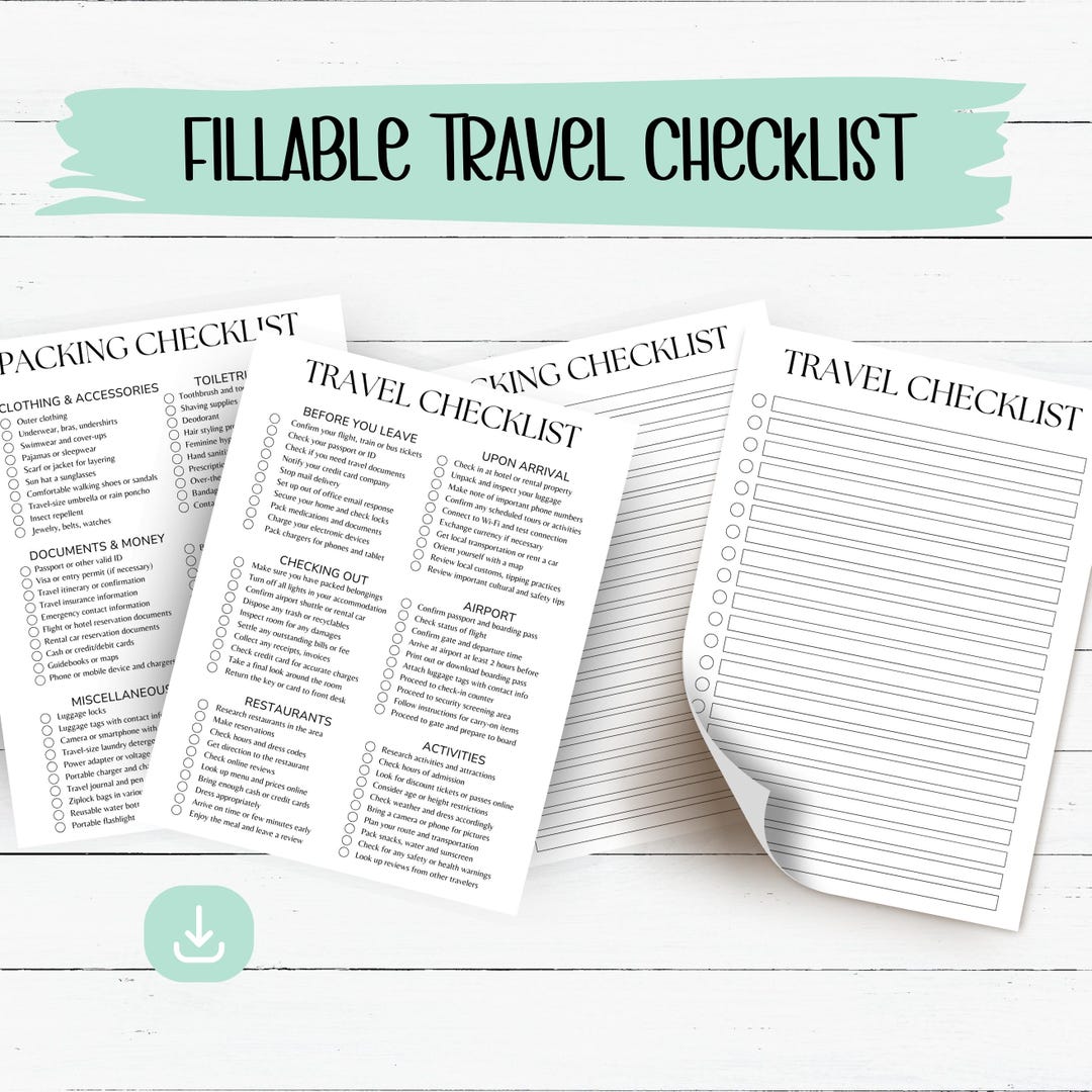 Fillable Travel Checklist, Packing List, Travel Essentials, Travel ...