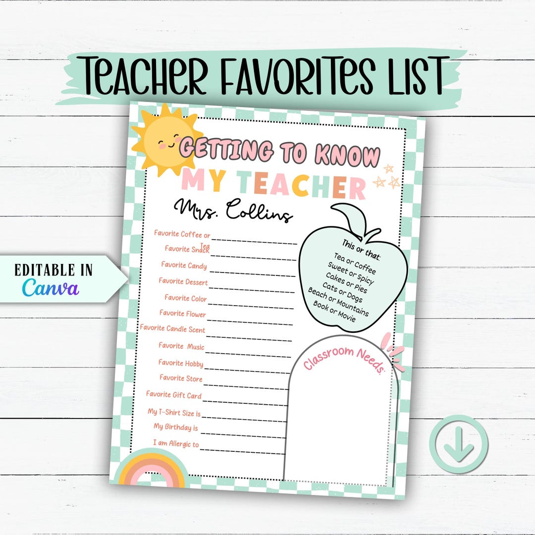 Editable Teacher Favorite Things List, Canva Template for Teachers, All ...